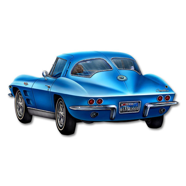 1963 Blue Corvette Cut out 18 X 8 vintage metal sign – Metal Sign Barn